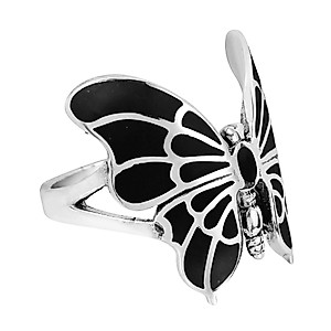 AeraVida Exotic Graceful Butterfly Simulated Black Onyx Inlay .925 Sterling Silver Ring | Cute Wedding Rings For Women | Casual e Comfort Fit Silver Rings for Women | Ring Size (8)