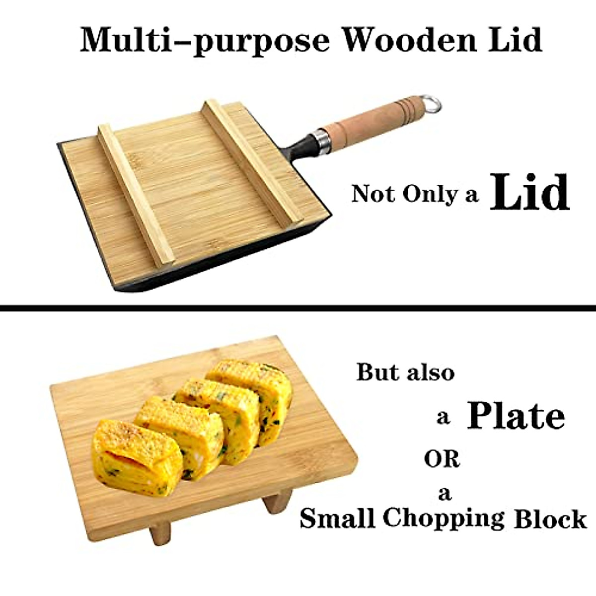 WSGSYYDS Tamagoyaki Japanese Omelette Pan Cast Iron with Wooden Lid, Square Japanese Egg Pan, Rectangle Tamago Pan with Spatula & Chopsticks 7” x 6” (Black)