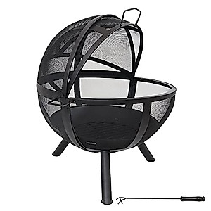 Sunnydaze Flaming Ball 30-Inch Wood-Burning Steel Fire Pit with Protective 200D PVC Cover and 16-Inch L Poker - Black
