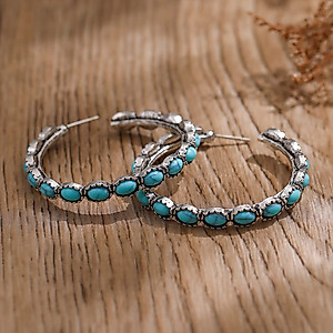 Turquoise Bohemian Metal Hoop Fashion Earring, Silver-Tone Faux Turquoise Hoop Earrings