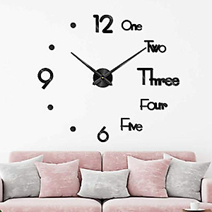 Large 3D DIY Wall Clock Frameless Modern Mirror Surface Wall Clock Decor for Living Room Bedroom Home Outdoor Office School Decorations Black