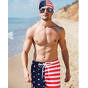 Yahenda 4th of July Shorts Mens USA American Flag Shorts Mens Swim Trunks with Headband Sunglasses Red Blue White Pants(2 X-Large)