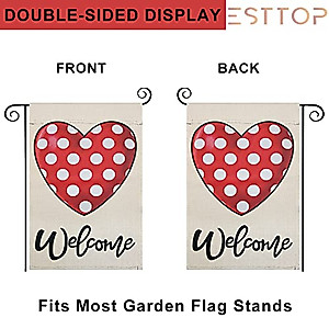 Valentines Day Garden Flag, ESTTOP 12×18 Inch Double Sided Vertical Welcome Potka Dot Heart Yard Flag, Farmhouse Rustic Valentines Day Decor for Outdoor