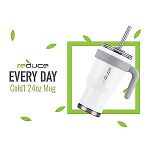 Reduce Tumbler – 24oz COLD 1 Mug With Lid, Straw and Handle – 24 Hours Cold – Easy-Hold Handle, Vacuum Insulated, Sweat-Proof Body – Cupholder Friendly Insulated Mug – White Gloss