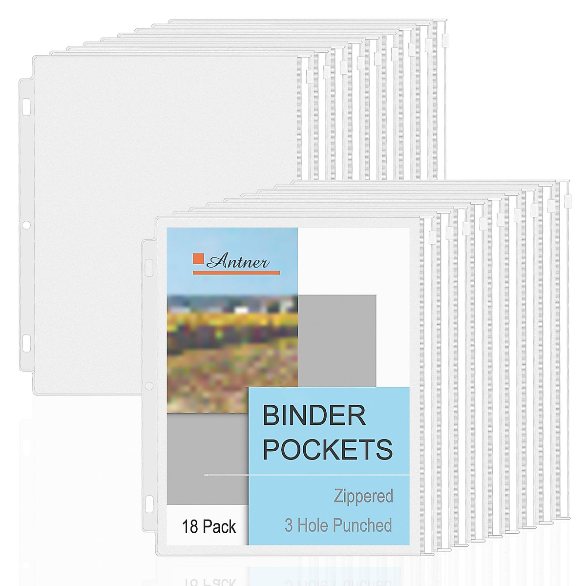 Antner 18 Pack Zipper Binder Pockets for 3 Ring Binder, Clear PVC 3 Holes Letter Size Binder Pouch Document Storage Bags Binder Folders Loose Leaf Inserts Sheet Page Protectors for Office School Home