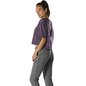 icyzone Open Back Workout Top Shirts - Yoga t-Shirts Activewear Exercise Crop Tops for Women (M, Plum Purple)
