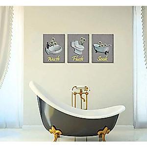 Zlove 3 Pieces Bathroom Canvas Wall Art Wash Flush Soak Bath Tub Toilet Sink with Daisy Flower Picture Print Decoration Stretched and Framed Ready To Hang 12x16inchx3pcs