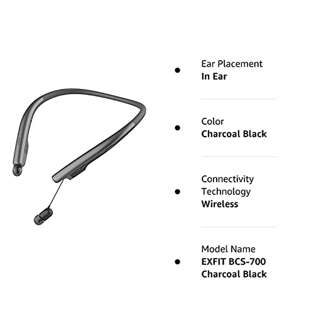 EXFIT BCS-700 | Wireless Bluetooth Headphone Neckband with Retractable Earbuds, Auto Answer on Earbud Pull for Office, Phone Call (Charcoal Black)