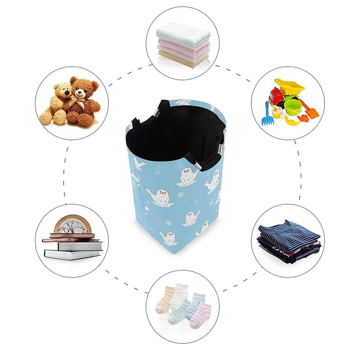 DOMIKING Cute Cartoon Baby Seal Pup Laundry Storage Basket Collapsible Organizer Laundry Hamper for Kids Room Dirty Cloth Toy Dorm Bag