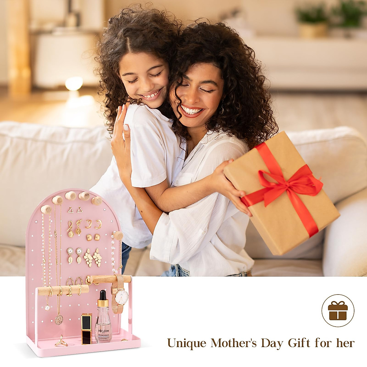 ProCase Cute Jewelry Organizer Stand Earring Holder Organizer for Dorm, Aesthetic Necklace Stand with 6 Removable Wood Hooks, Small Jewelry Display Rack with Bottom Tray for Bracelets Rings -Pink