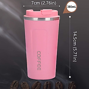 CCFENGUP 13oz Travel Mug, 380ml Insulated Coffee Mug Spill, Stainless Steel Vacuum Tumbler, Small Water Bottle with Lid, Double Wall Leak-Proof Thermos for Keep Hot/Ice Coffee,Tea, Pink