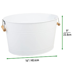 mDesign Large Metal Beverage Tub Oval Cooler for Beer, Wine, Ice, and Drinks - Portable 4.75 Gallon/18 Liter Cold Drink Trough for Parties - Steel Bin Bucket Stand with Bamboo Handles, 2 Pack, White