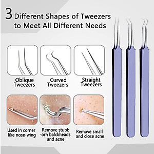 Xesscare Latest Pimple Popper Tool Kit, 16 Pcs Blackhead Remover Tool, Comedone Extractor Acne Removal Kit, Professional Whitehead Tweezers with Metal Case for Facial, Nose and Forehead (Purple)