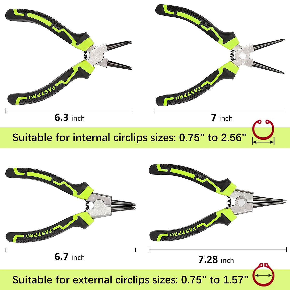 FASTPRO 4-Piece 7-inch Snap Ring Pliers Set, Internal/External Circlip Pliers Kit with Straight/Bent Jaw, Heavy Duty for Ring Remover Retaining