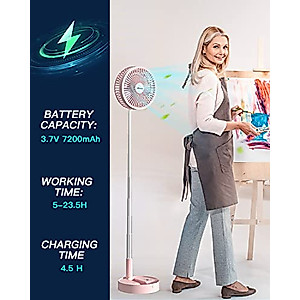 AICase Stand Fan,Folding Portable Telescopic Floor/USB Desk Fan with 7200mAh Rechargeable Battery,4 Speeds Super Quiet Adjustable Height and Head Great for Office Home Outdoor Camping-pink