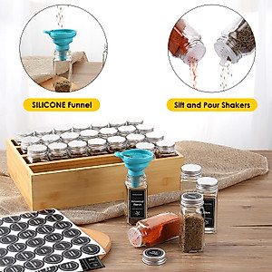 Bamboo Spice Rack Organizer With 28 Spice Jars, 780 Labels, 4 Tier Wood Hanging Shelf, Chalk Marker and Funnel Set for Drawer Cabinet Kitchen Countertop Wall Mount, Empty 4 oz Glass Jar & Shaker Lids