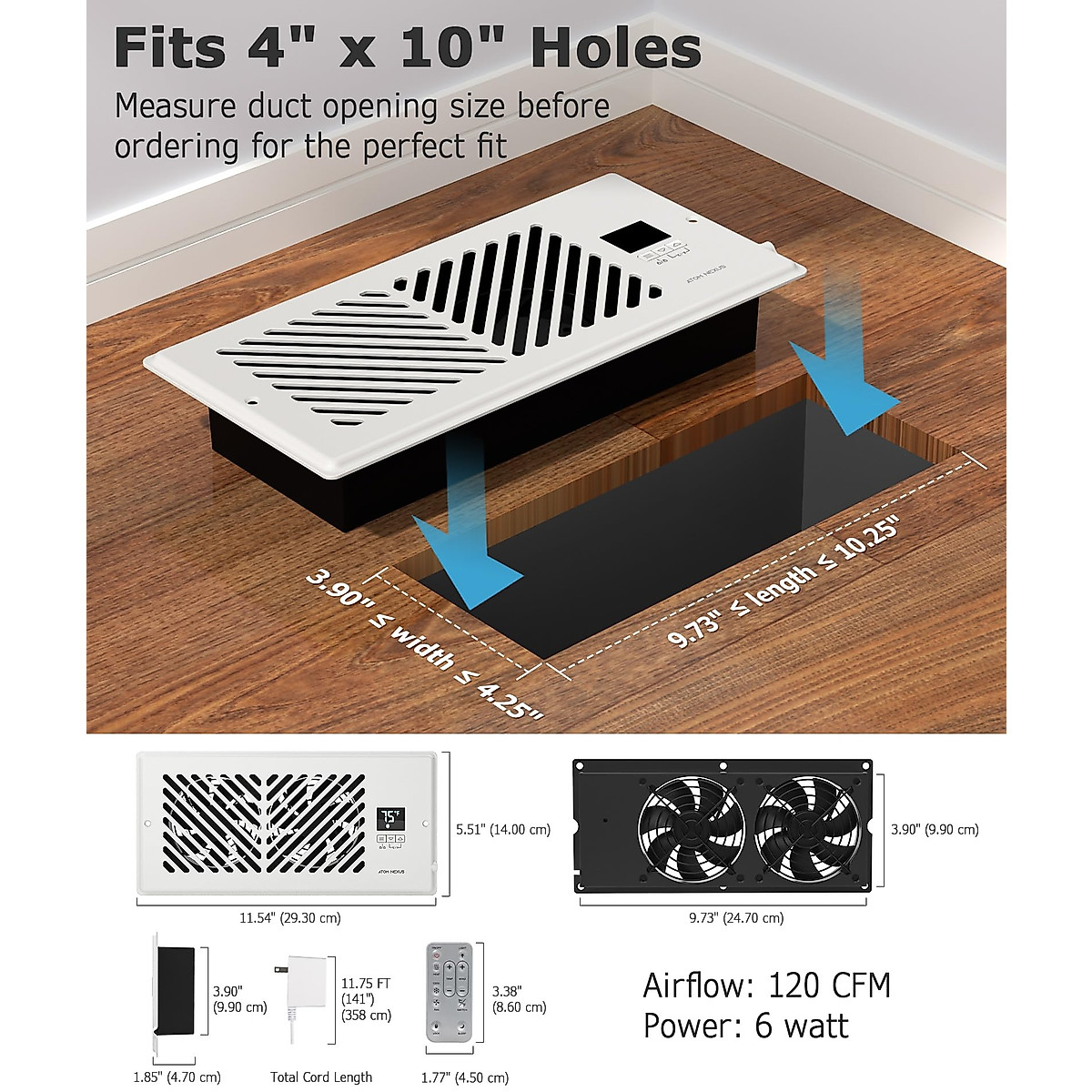 ATOM NEXUS AirBlaze Z4, Quiet Register Booster Fan Fits 4”x10” Register Holes, Smart Vent Booster Fan With Thermostat Control & Remote Control, 10-Speed Control Heating Cooling AC Vent Fan (White)