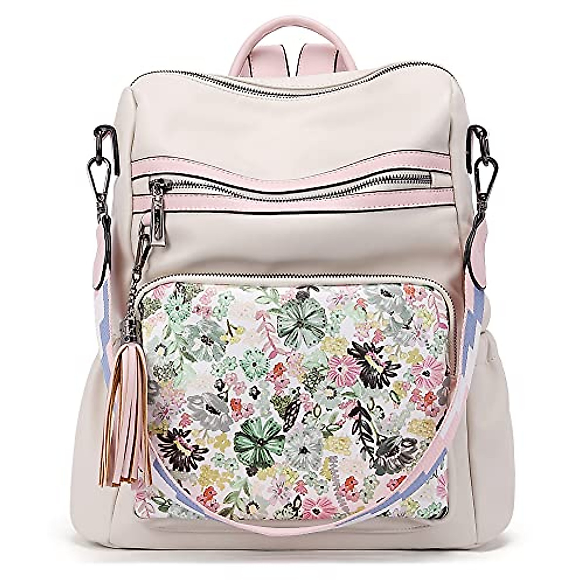 CLUCI Backpack Purse for Women Fashion Leather Designer Travel Large Ladies convertible Shoulder Bags with Tassel White print