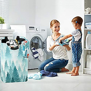 visesunny Collapsible Laundry Basket Blue Forest Large Laundry Hamper Oxford Fabric Dirty Clothes Toy Organizer with Handle for Bathroom Kids Room Dorm