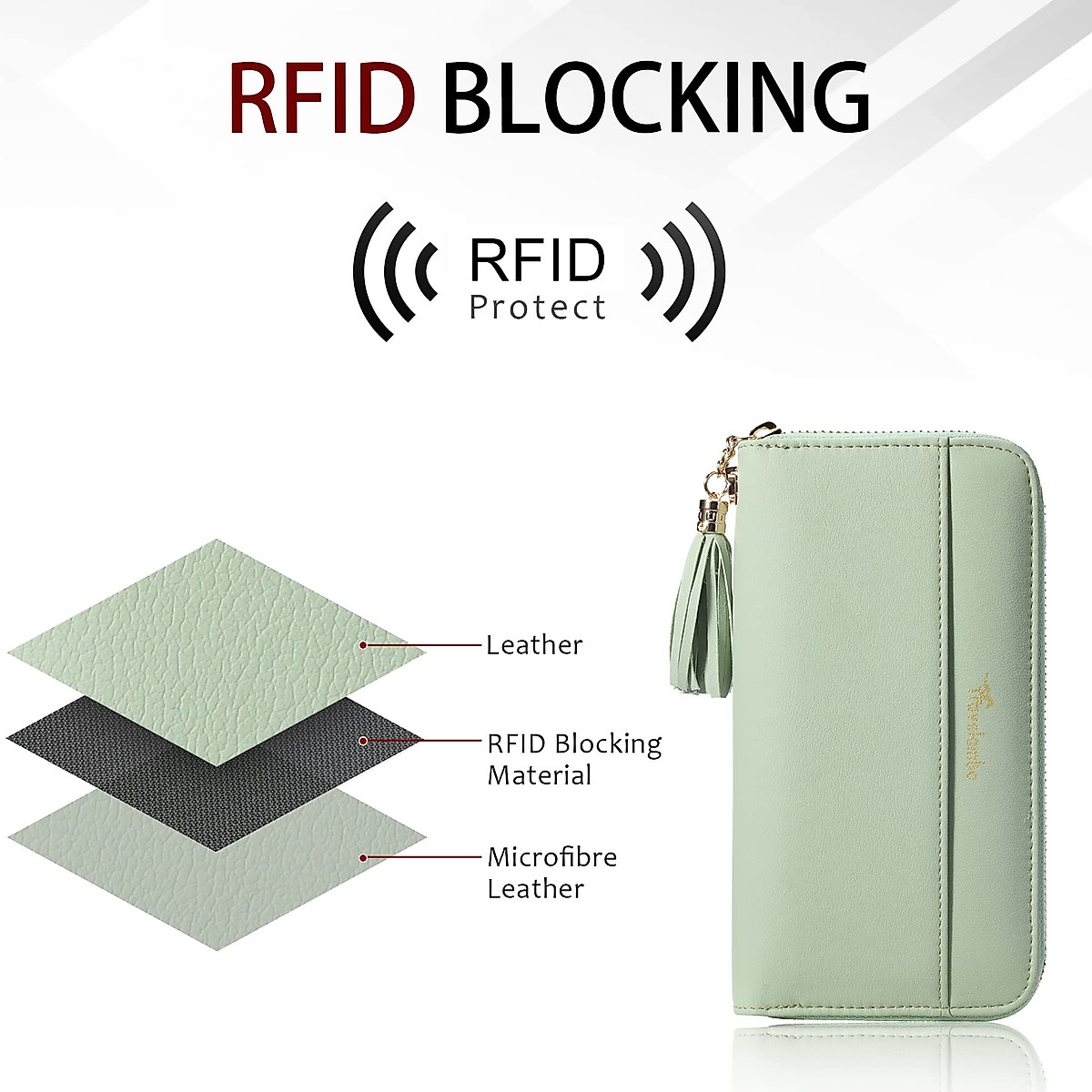 Travelambo Womens Wallet Tassel Bifold Ladies Clutch Wristlet Wrist strap Long Purse (Access Green Blooming)