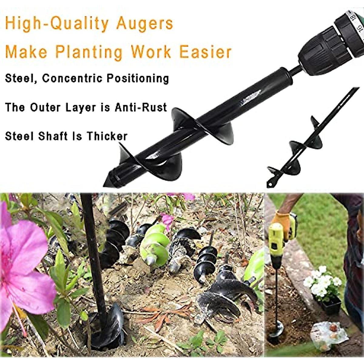 2 Pack Auger Drill Bit for Planting 3"x12" and 1.6"x9" Spiral Drill for Planting Flower Garden Auger Hex Drive Drill, Hole Digger Auger Set for 3/8” Hex Drive Drill
