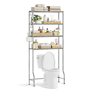 SONGMICS 4 Tier Over The Toilet Storage, Metal Storage Rack, Adjustable Shelves, 4 Hooks, Roll Holder, Space-Saving Bathroom Storage Shelf Organizer, 11.8 x 32.7 x 69.3 Inches, Silver Gray UBTS023G01