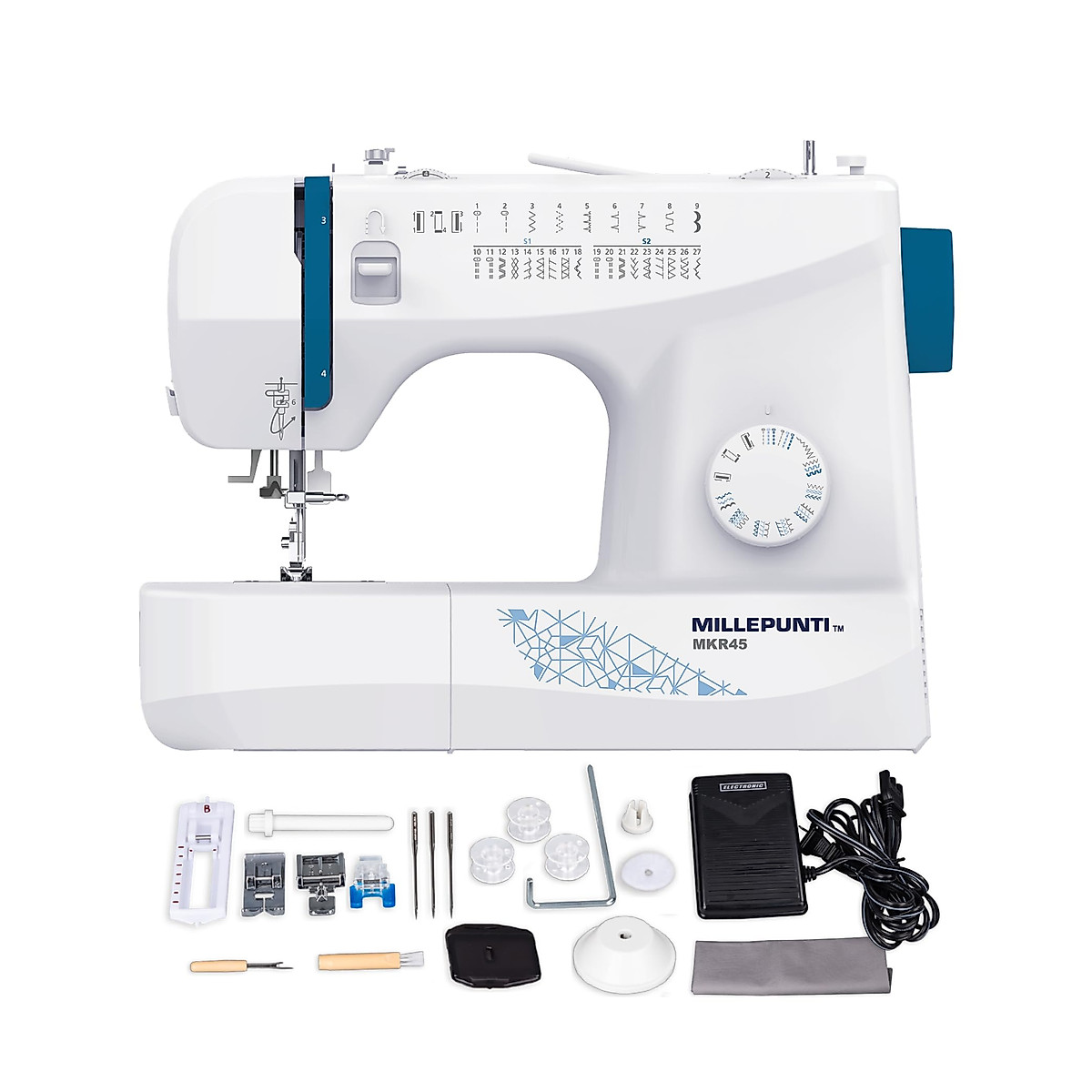 MILLEPUNTI Sewing Machine with 25 Stitches Automatic Needle Threader and Bobbin Winder Include 4 Feet and Accessories Perfect for Beginners Quilting and DIY MKR45