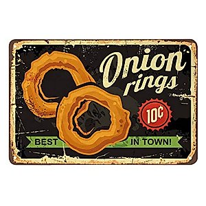 AOYEGO Onion Rings Tin Sign,Restaurant Fast Delicious Food Best in Town Black Vintage Metal Tin Signs for Cafes Bars Pubs Shop Wall Decorative Funny Retro Signs for Men Women 8x12 Inch