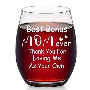 Modwnfy Mothers Day Gift for Stepmom, Best Bonus Mom Ever Wine Glass, Mother in Law Thanks Stemless Wine Glass, Great Gifts Idea for Step Mom, Godmother, God Mother, Aunt, Second Mom, Mother in Law