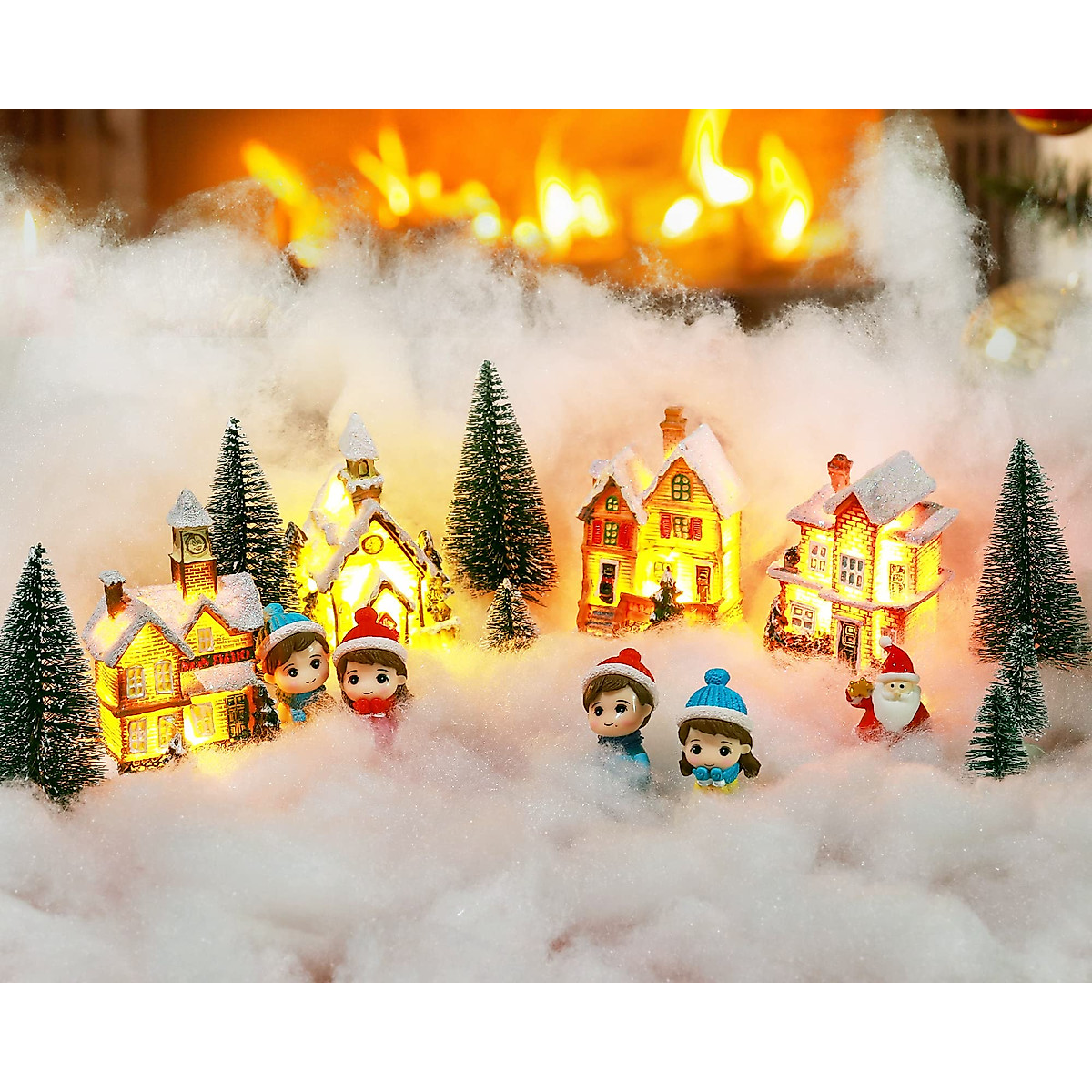 18 Pcs Christmas Village Set Includes 4 LED Lighted Christmas Village Houses 4 Boys Girls Figurines Resin Santa Model 8 Mini Christmas Tree Snow Blanket Roll Winter Xmas Village Collection for Desktop