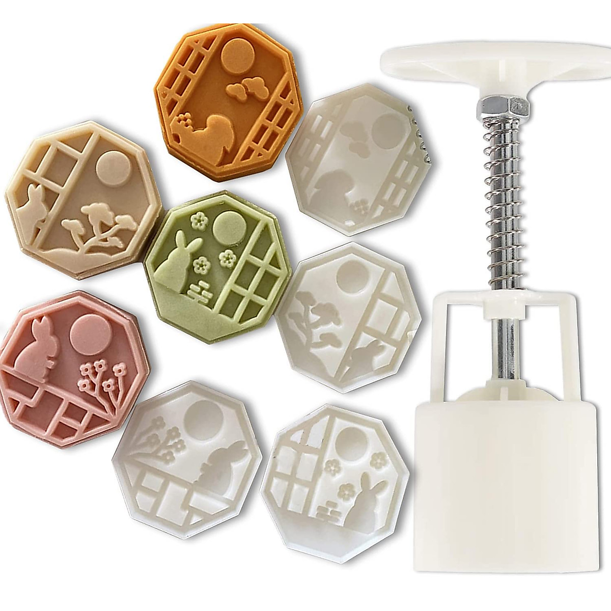 Mooncake Press Molds，Hand Press mooncake Dessert DIY with Stamps Flower Mode，Mooncake Shortbread Press DIY (4 Mid-Autumn Rabbit Stamps)