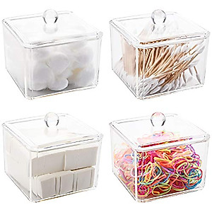 Hedume 4 Pack Qtip Dispenser Holder, 15 Oz Clear Acrylic Canister Set, Modern Square Bathroom Vanity Countertop Storage Organizer for Cotton Ball, Cotton Swab, Q-Tips, Cotton Rounds, Bath Salts