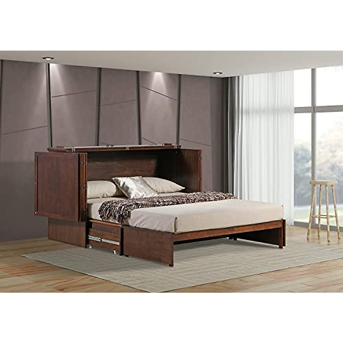 Mega Solutions Emurphybed Paradiseo Murphy Cabinet Chest Bed with Charging Station 8 Inch, Queen (Tobacco)