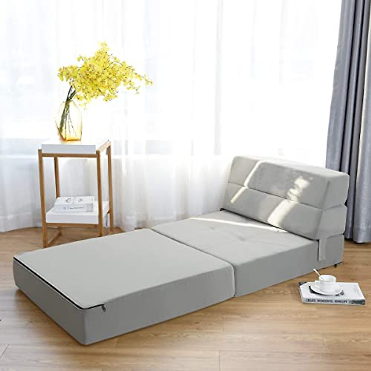 Casart Sofa Bed Tri-Fold Portable Sleeper Folding Memory Foam with Washable Cover Guest Chaise Lounge Padded Cushion Guest Sleeper Chair (Gray)