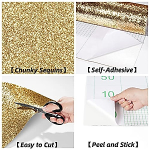 Decotalk Gold Wallpaper Glitter Wallpaper Stick and Peel 17.7"x120" Gold Peel and Stick Wallpaper Glitter Contact Paper Sequins Sparkle Wallpaper for Walls Removable Chunky Glitter Gold Contact Paper