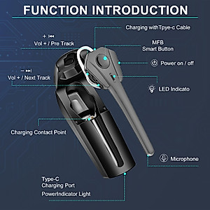 New Bluetooth Earpiece V5.1 Wireless Handsfree Headset with Microphone 24 Hrs Driving Headset 240 Hrs Standby Time for iPhone Android Samsung Laptop Trucker Driver