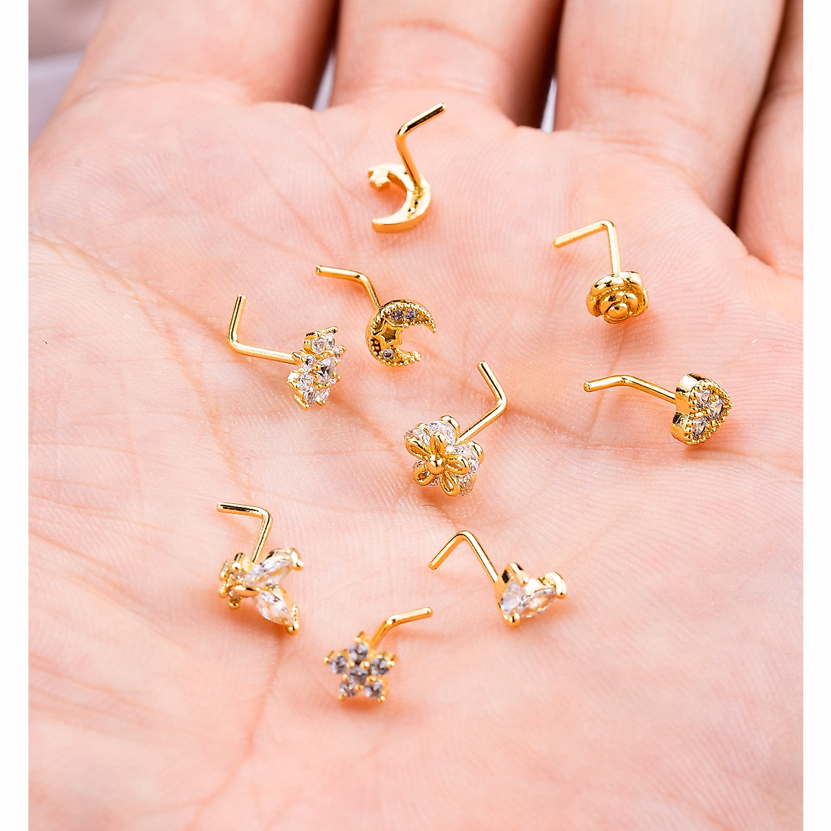 Masedy 9Pcs 20G Stainless Steel Nose Rings L Shaped Nose Studs Flower Screw Nose Rings for Women Men Nose Piercing Set LG