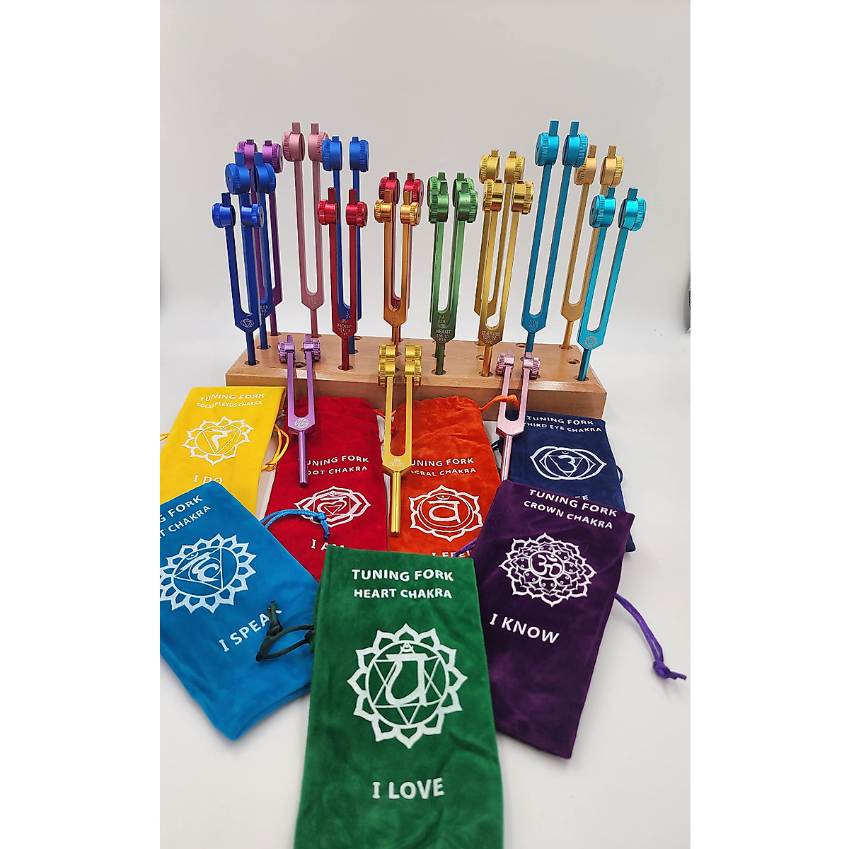 YANTRA 17 Set Solfeggio and Chakra Weighted Tuning Fork Set for Biofield Therapy Sound Healing with 24 Hole WOODEN STAND (SOL-02)