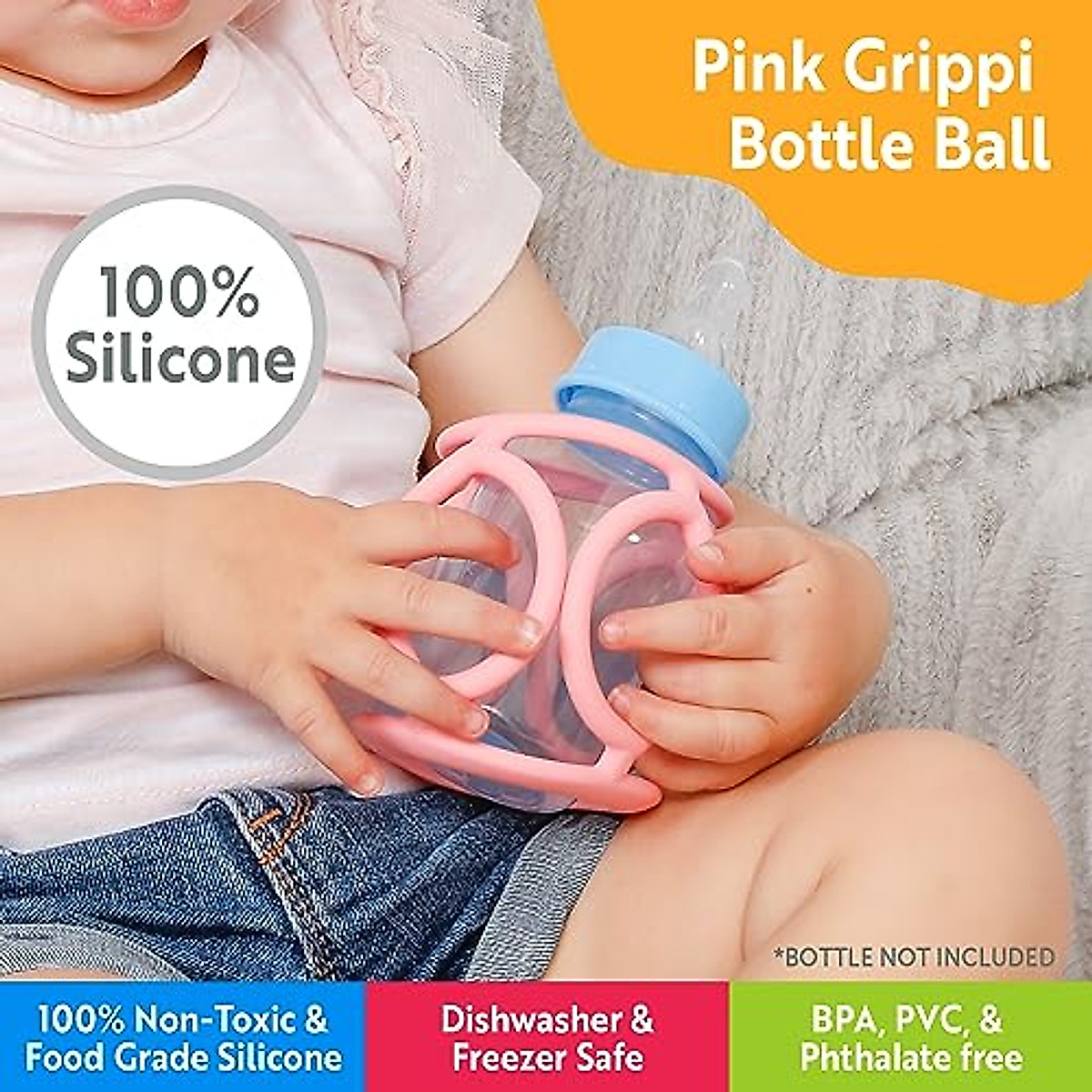 OgoBolli Grippi Teether Ring Tactile Sensory Ball and Baby Bottle Holder for Babies & Toddlers - Stretchy, Squishy, Soft, Non-Toxic Silicone - Boys and Girls Age 6+ Months - Pink