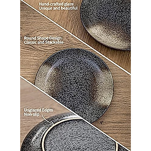 Kanwone Ceramic Dinner Plates - Set of 6, 10 Inch, Round Plates for Steak, Pasta, Salad, Pizza, Appetizer, Microwave, Oven and Dishwasher Safe, Black Glazed