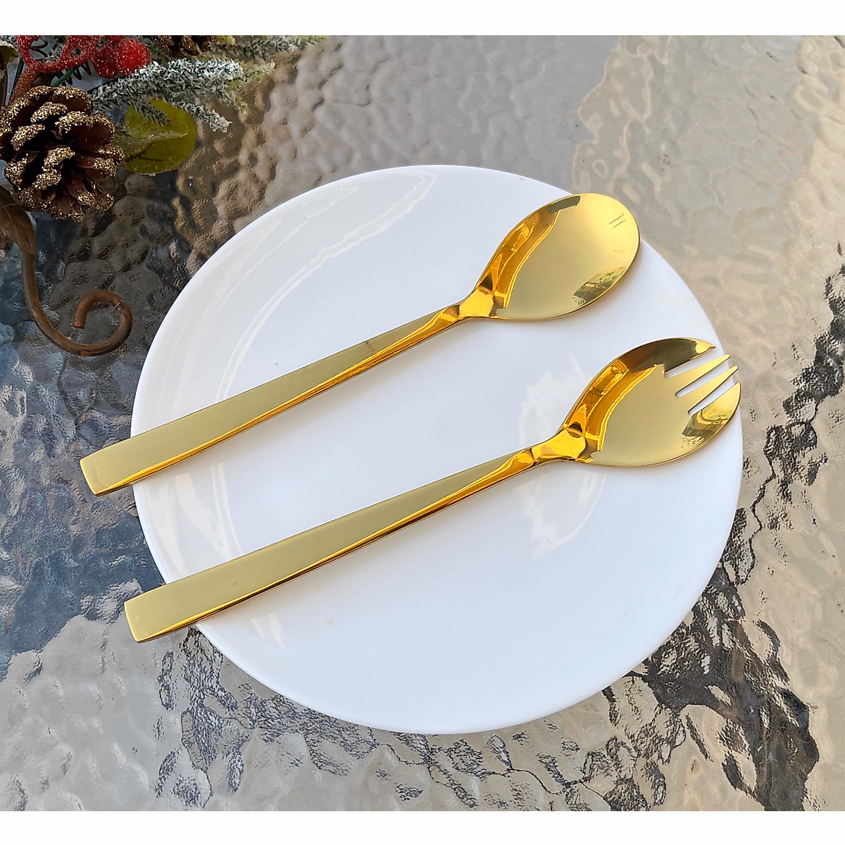 Stainless Steel Salad Server Set 9.7 inch Length Salad Spoon and Fork, Set of 2 Kitchen Utensils (Gold)