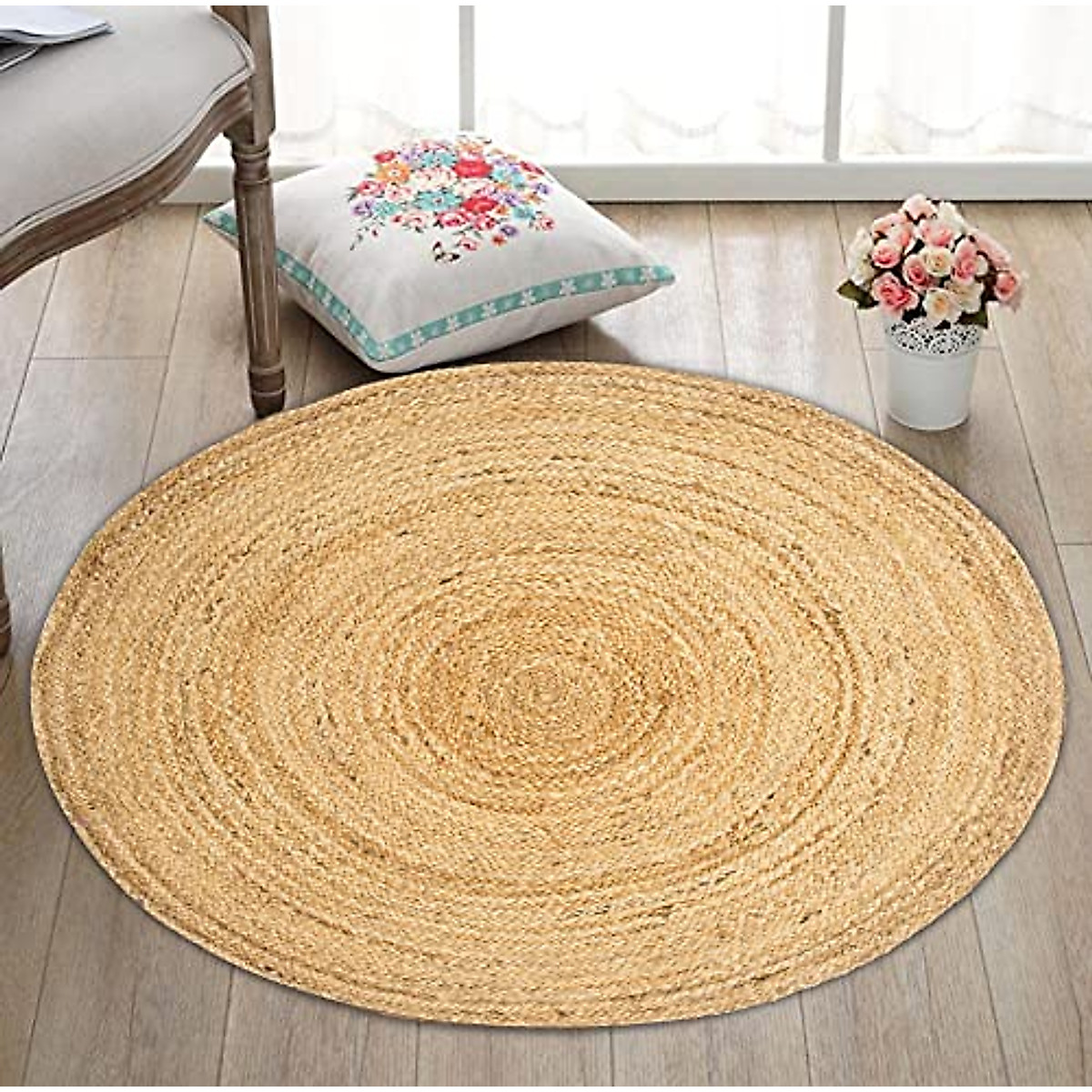 Goroly Home Natural Hand Woven Jute Braided Rug, Decorative Round Braided Reversible Durable Sustainable Jute Round Rug Pad, Shag Rugs for Bedroom, Floor Rug, Kitchen Rug - 48 Inch Round - Natural