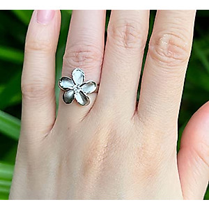 925 Sterling Silver 15mm Hawaiian Plumeria Flower Ring with Cubic Zirconia, 14K Gold Plated, Nickle Free Hypoallergenic for Sensitive Skin, Hawaii Island Jewelry, with Gift Box (7, Silver)