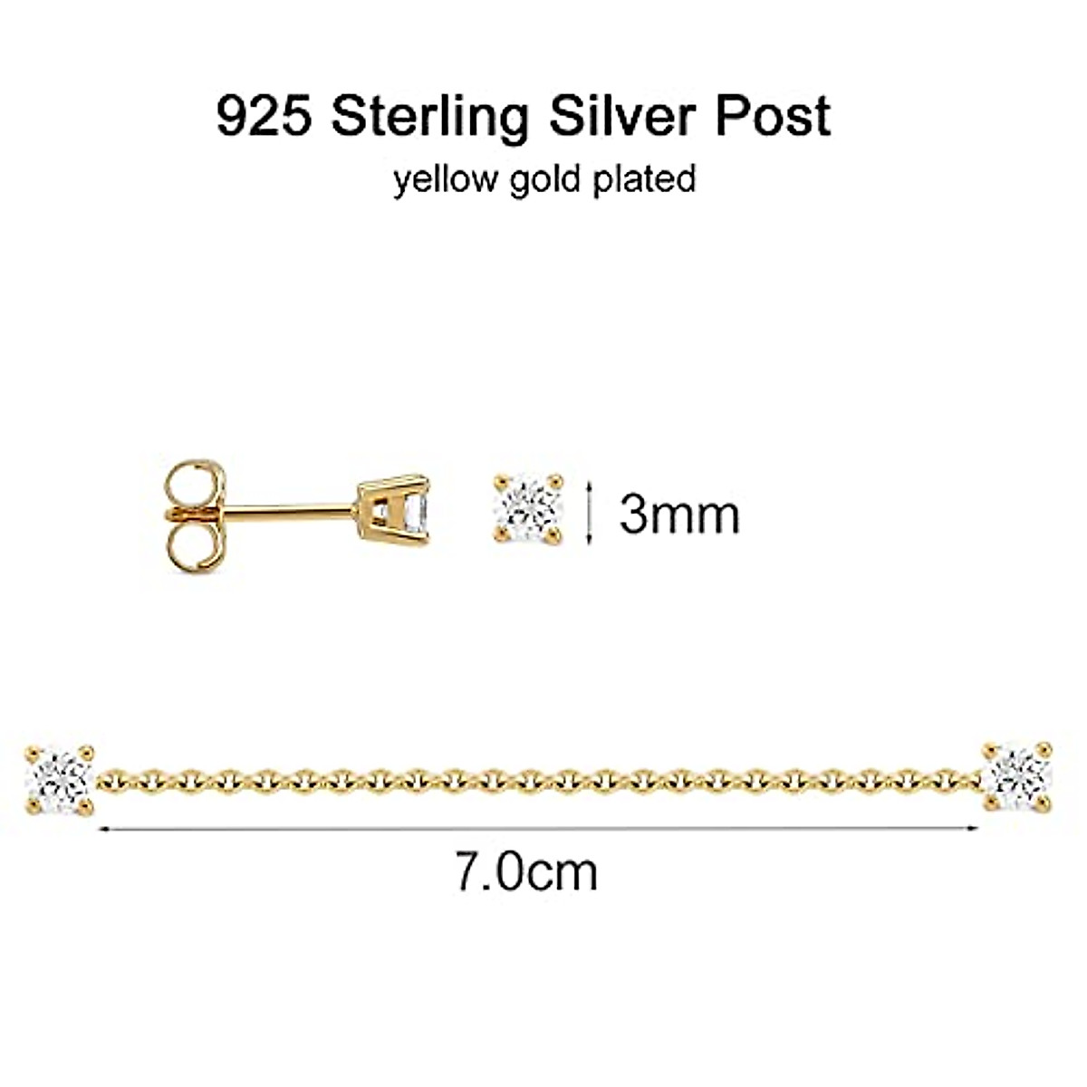 BRAYEG Gold Chain Earrings Double Piercing 3mm Cubic Zirconia 7cm Long Chain Double Stud Earrings Hypoallergenic Jewelry Gift for Women