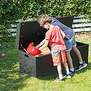 Devoko 70 Gallon Rattan Wicker Large Storage Bench Deck Box Outdoor Indoor Waterproof Storage Box with Wood Bench Surface for Patio Furniture Cushions, Toys, Garden and Pool Tools