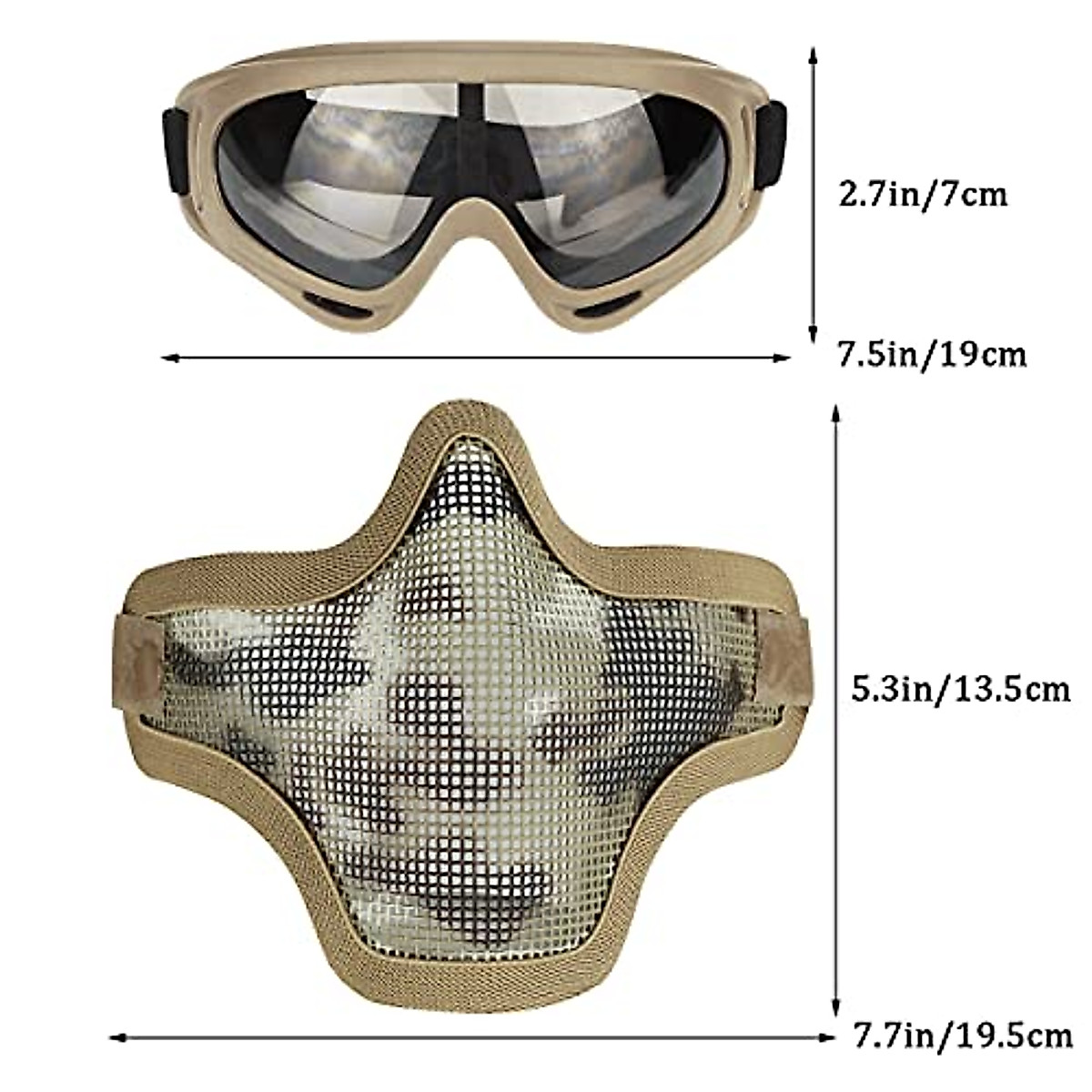 AOUTACC Airsoft Half Face Mask Steel Mesh and Goggles Set, Skull Tactical Masks Protection Gear for Paintball BBS CS Nerf Game Cosplay Halloween Costume Accessories (Tan Camo)