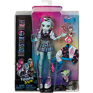 Monster High Doll, Frankie Stein with Blue & Black Streaked Hair in Signature Look with Fashion Accessories & Pet Dog Watzie