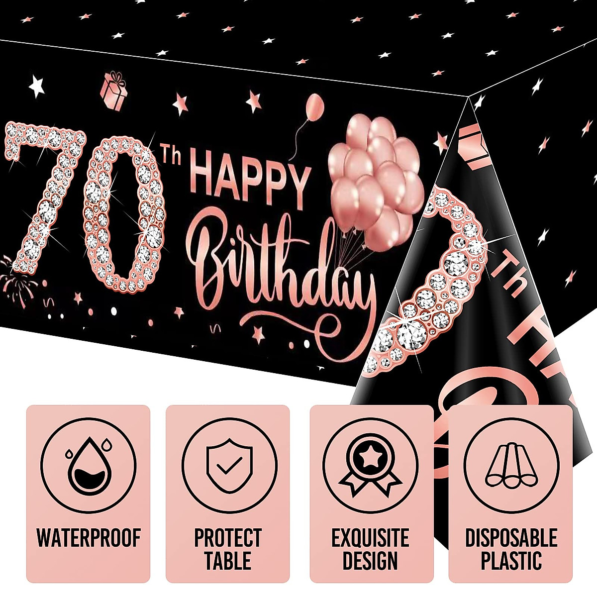 3 Pack 70th Birthday Tablecloth Decorations for Women, Rose Gold Happy Seventy Birthday Theme Table Cover Party Supplies, 70 Year Old Birthday Plastic Disposable Rectangular Table Cloth Decor
