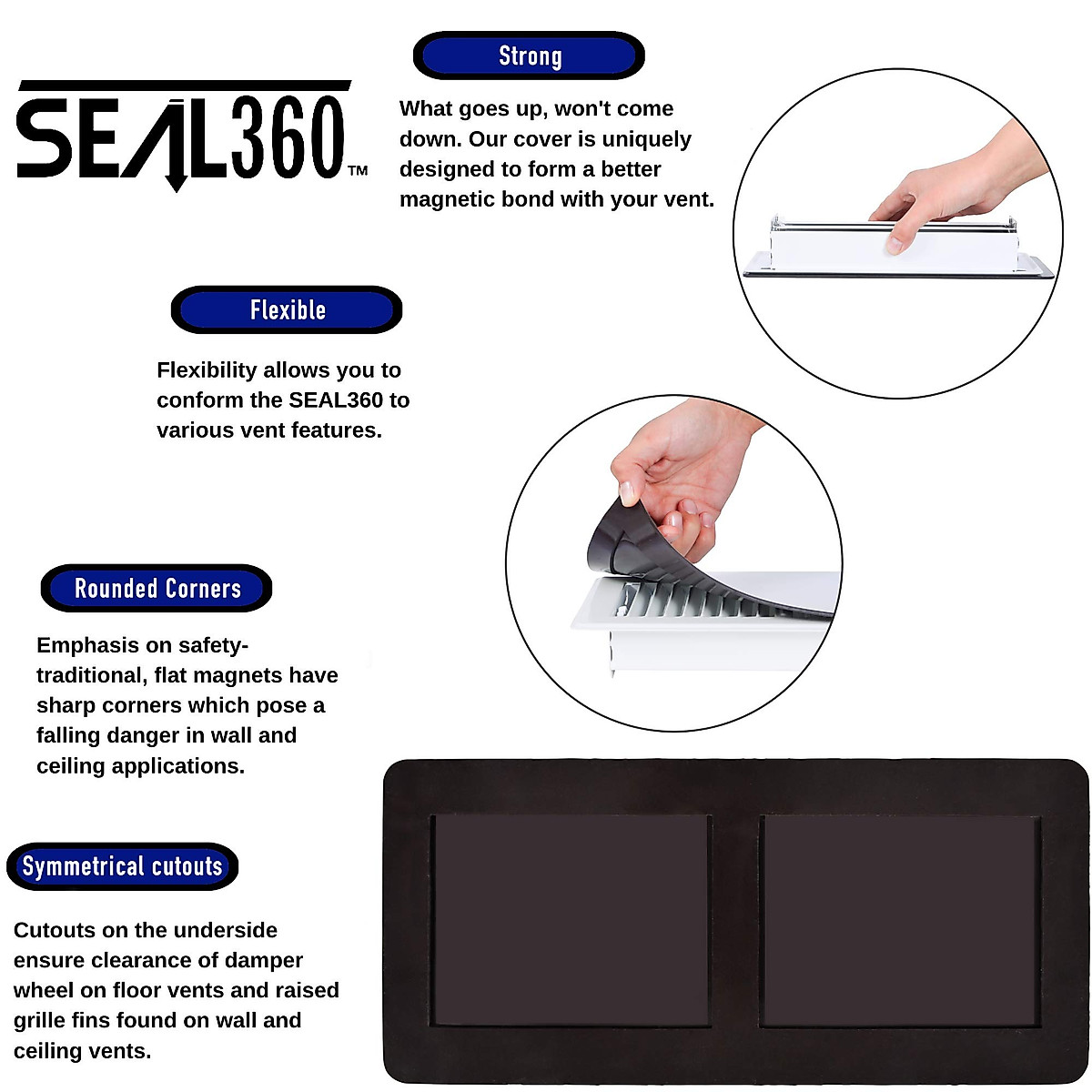 SEAL360 Magnetic Vent Covers (3-Pack), Pockets for Complete Seal, 5.5" X 14" (White) for Floor, Wall, or Ceiling Vents and Air Registers, for RV, Home HVAC and AC Vents, Vent Not Included