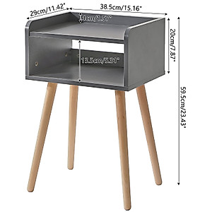 IBUYKE Nightstand, Mid-Century Modern Bedside Table with Solid Wood Legs, Minimalist and Practical End Side Table with Open Storage Shelf, for Living Room/Bedroom/Office, Grey UWNS003G